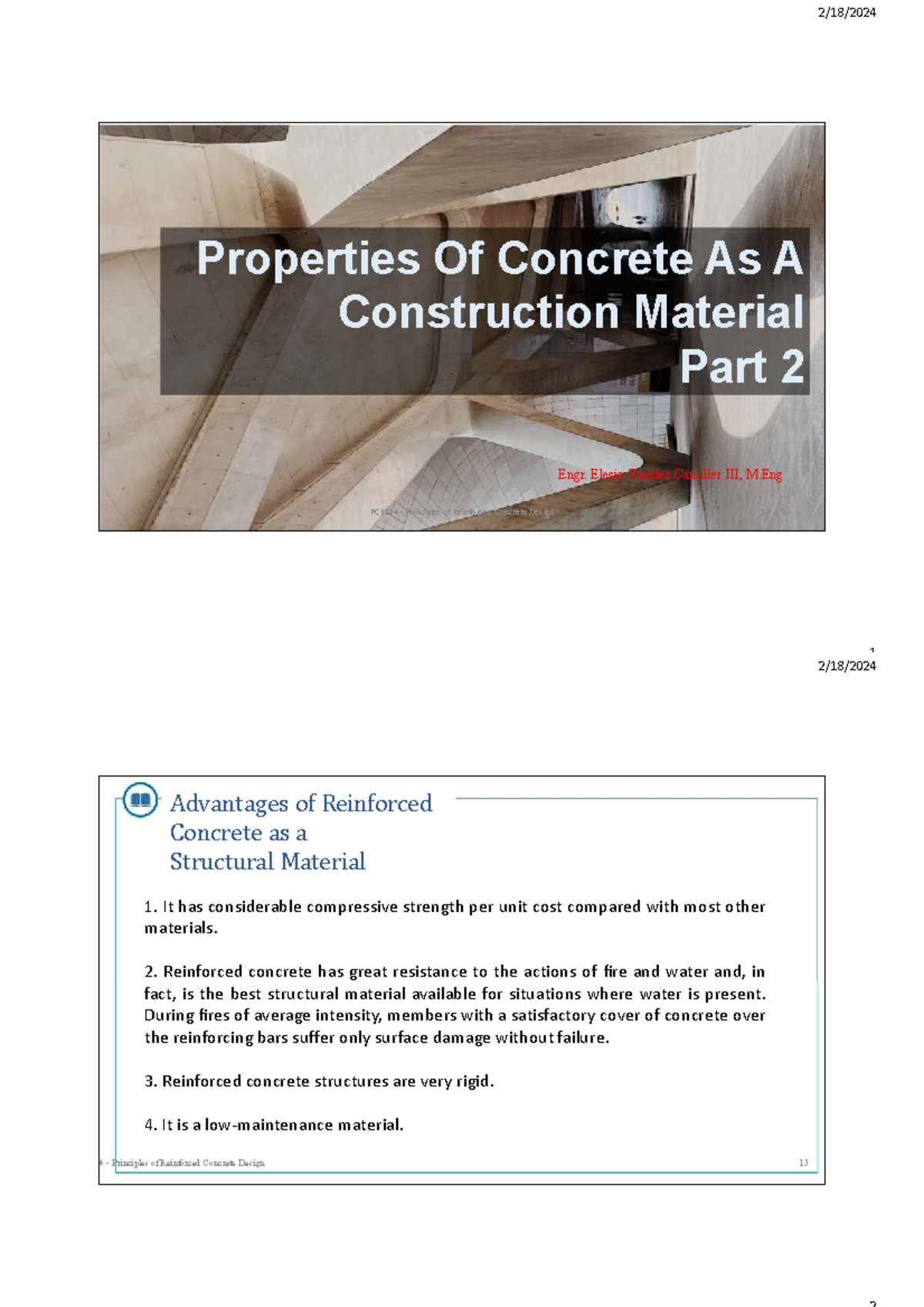 Principles of RC Design - Lecture 2: Advantages of Concrete PCE324 ...