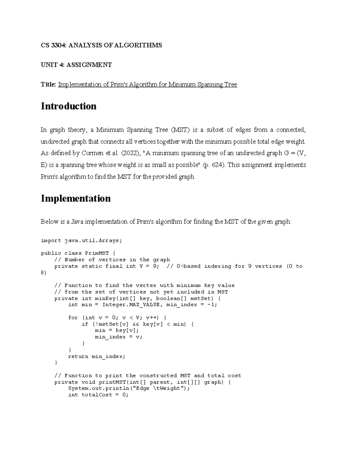 CS 3304: ANALYSIS OF ALGORITHMS UNIT 4: MST Implementation Assignment - Studocu