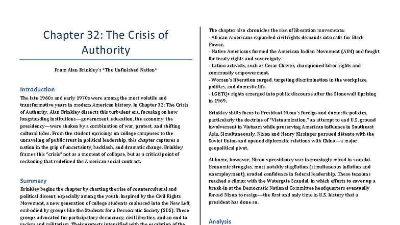 Chapter 32: The Crisis of Authority - Alan Brinkley Overview - Studocu