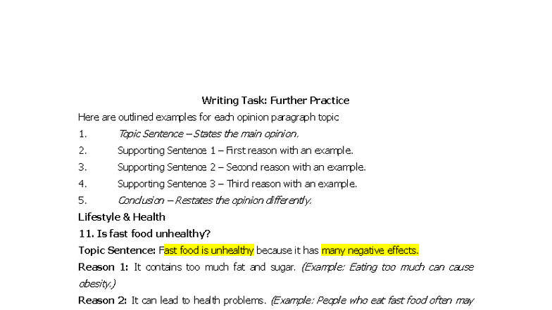 Writing Task: Further Practice on Opinion Paragraphs & Emails - Studocu
