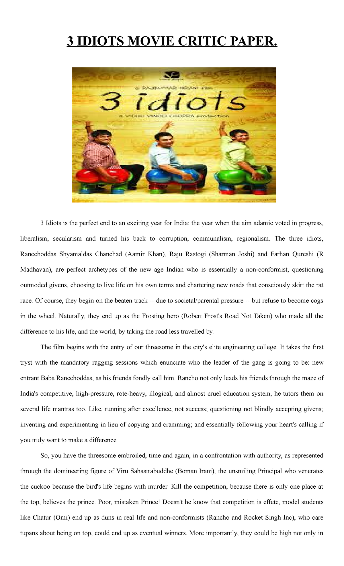 3 Idiots Movie Critique: Analyzing Themes and Characters in Cinema ...