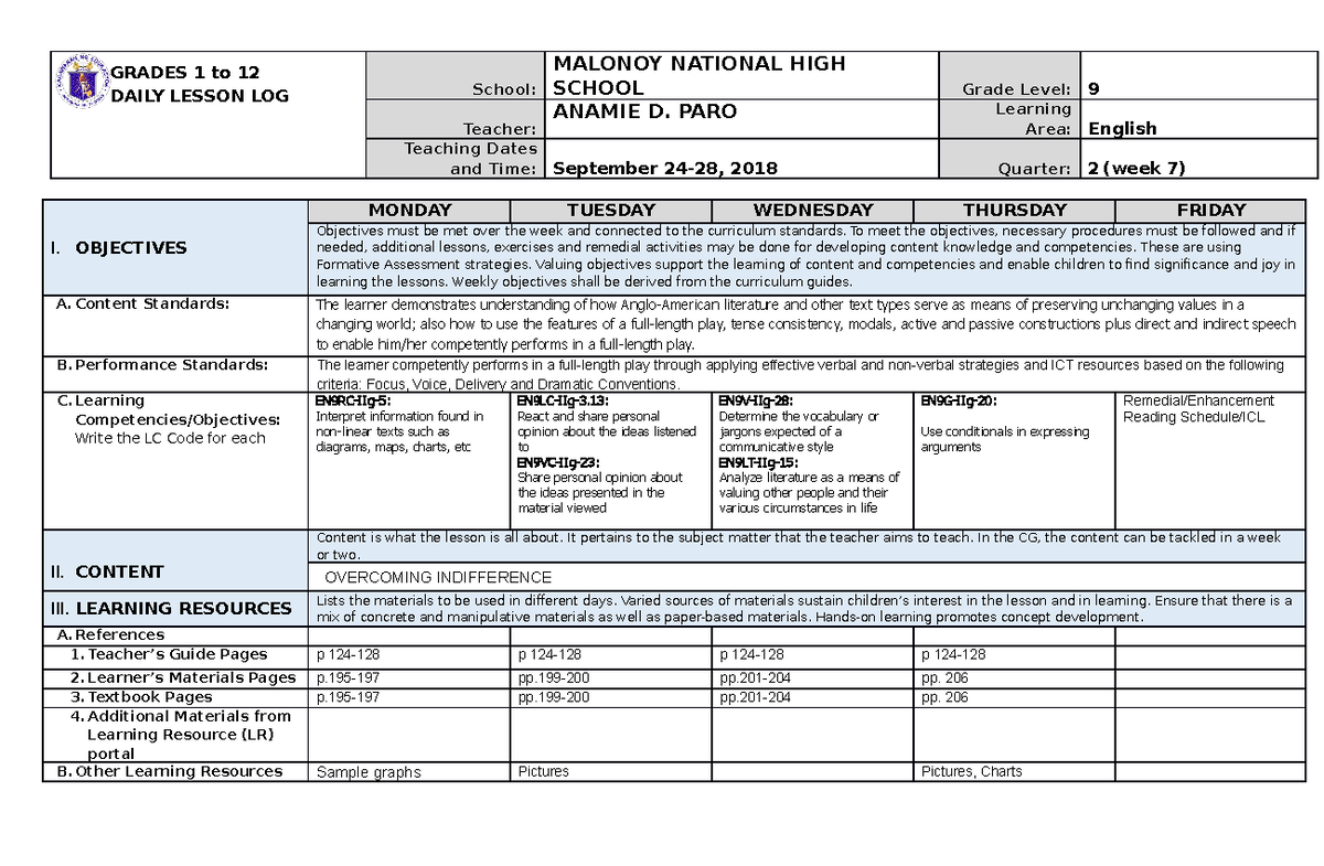 ENG 9 DLL 2Q WEEK 7 - DLL - GRADES 1 to 12 DAILY LESSON LOG School ...