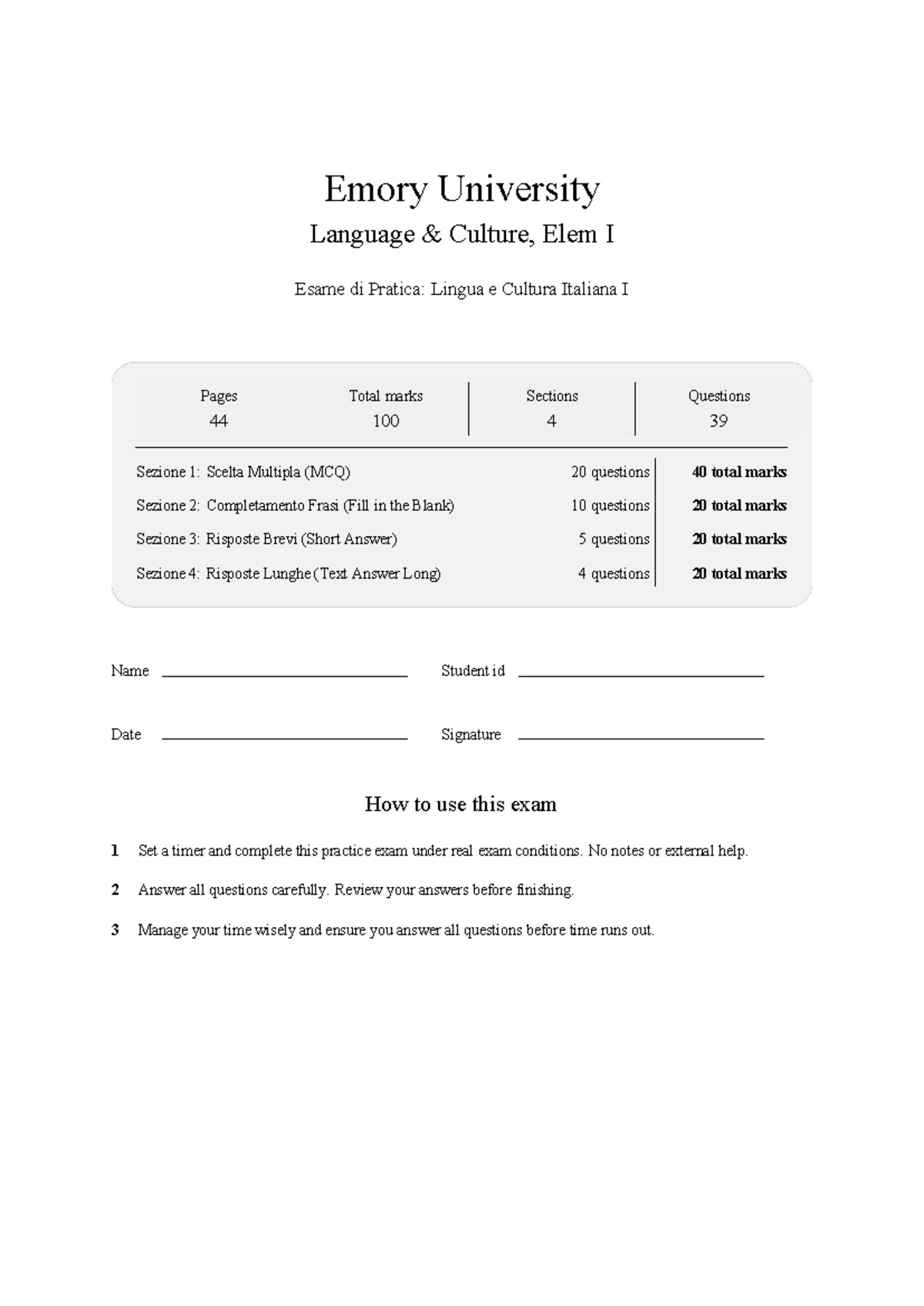 ITAL 101 Language & Culture, Elem I Practice Test 2026 - Studocu