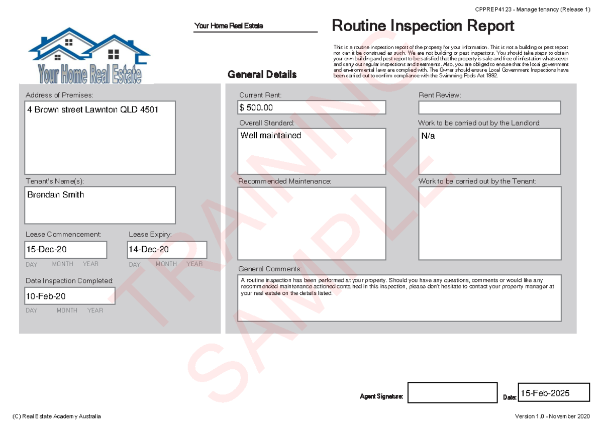 Cpprep 4123 - Routine Inspection Report Template v1.0 for Tenancy Management - Studocu