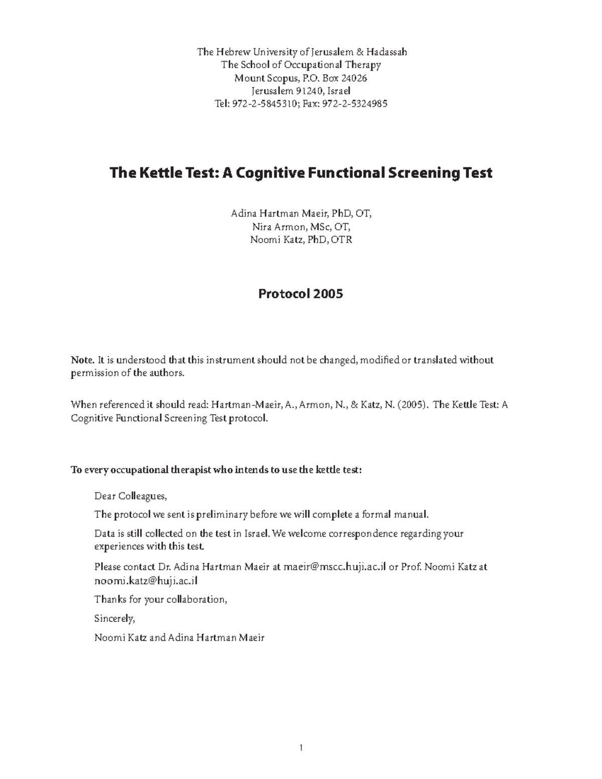 Kettle Test Protocol Manual: A Cognitive Functional Screening Guide ...