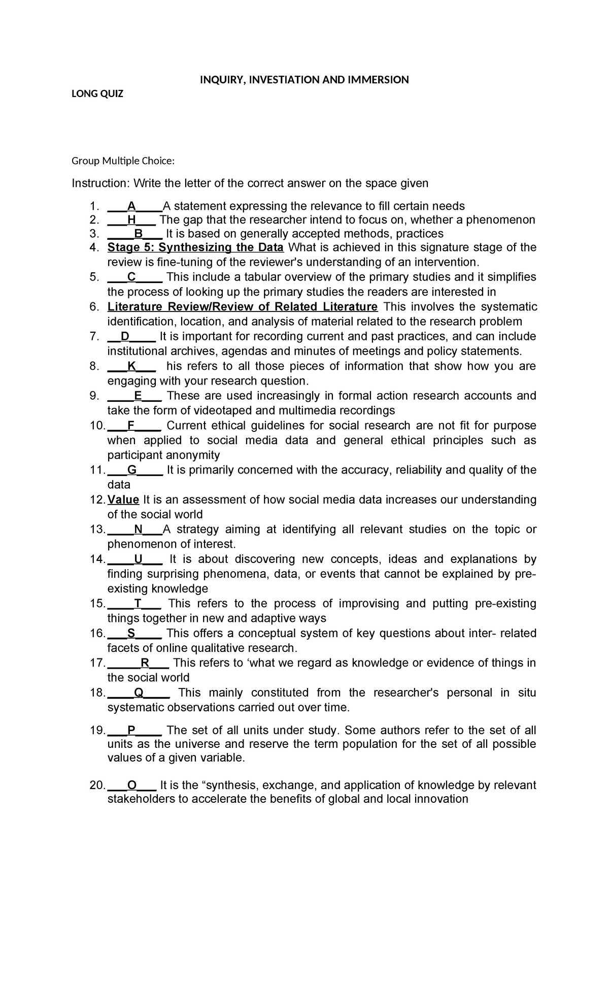 LONG QUIZ 3: Inquiry, Investigation, and Immersion Overview - Studocu