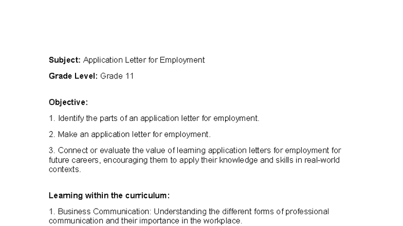 Grade 11 Application Letter Lesson Plan: Developing Job Writing Skills ...
