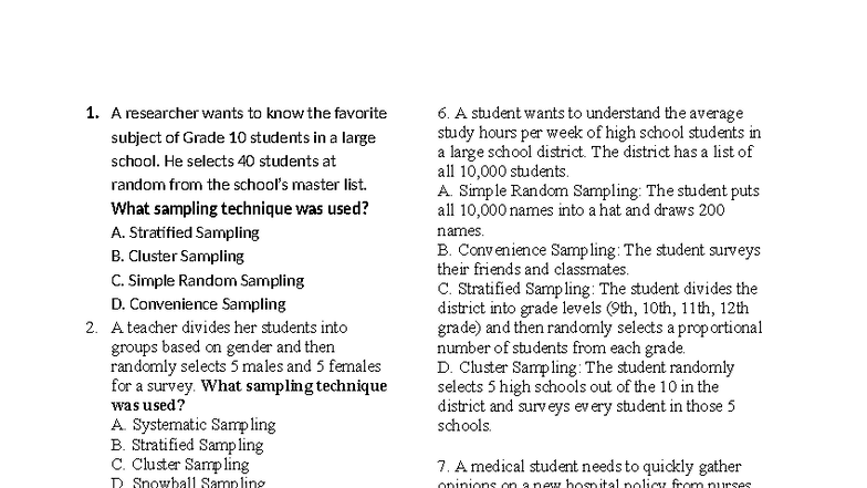 PR2 Sampling Quiz: Techniques & Examples for Grade 10 Students - Studocu