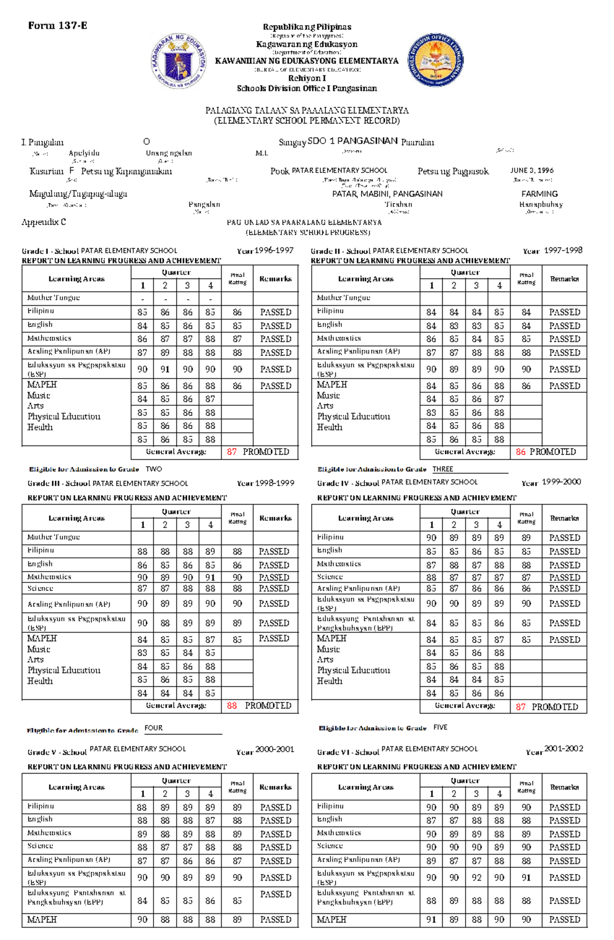 Form 137 Blank for Grade 1 - PATAR ELEMENTARY SCHOOL - Studocu
