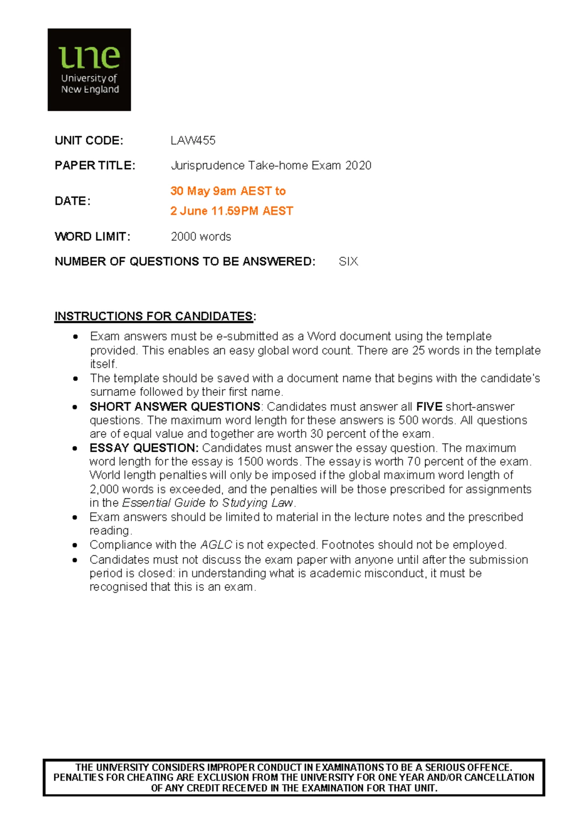 LAW455 Jurisprudence Take-home Exam Instructions T1 2020 - Studocu