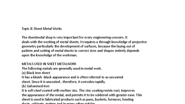 MT1: Sheet Metal Works and Joints - Comprehensive Notes - Studocu