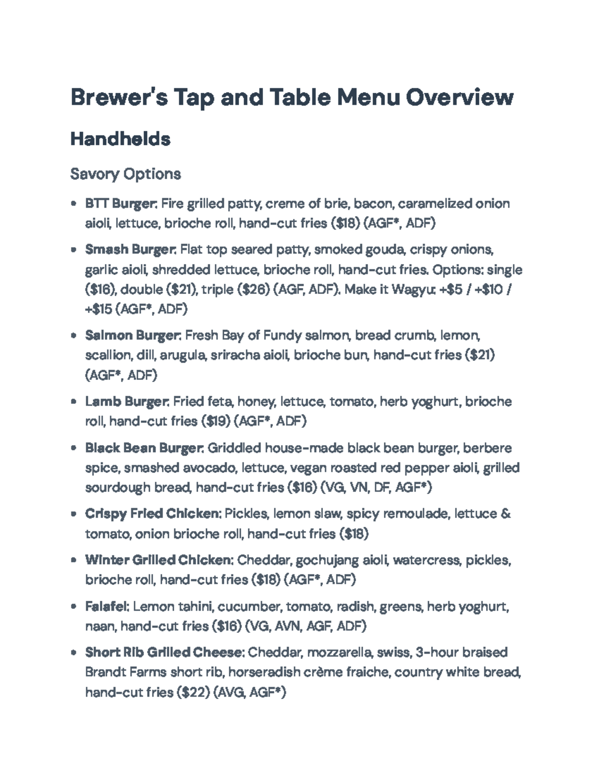 Brewer's Tap and Table Full Menu Insights & Highlights - Studocu