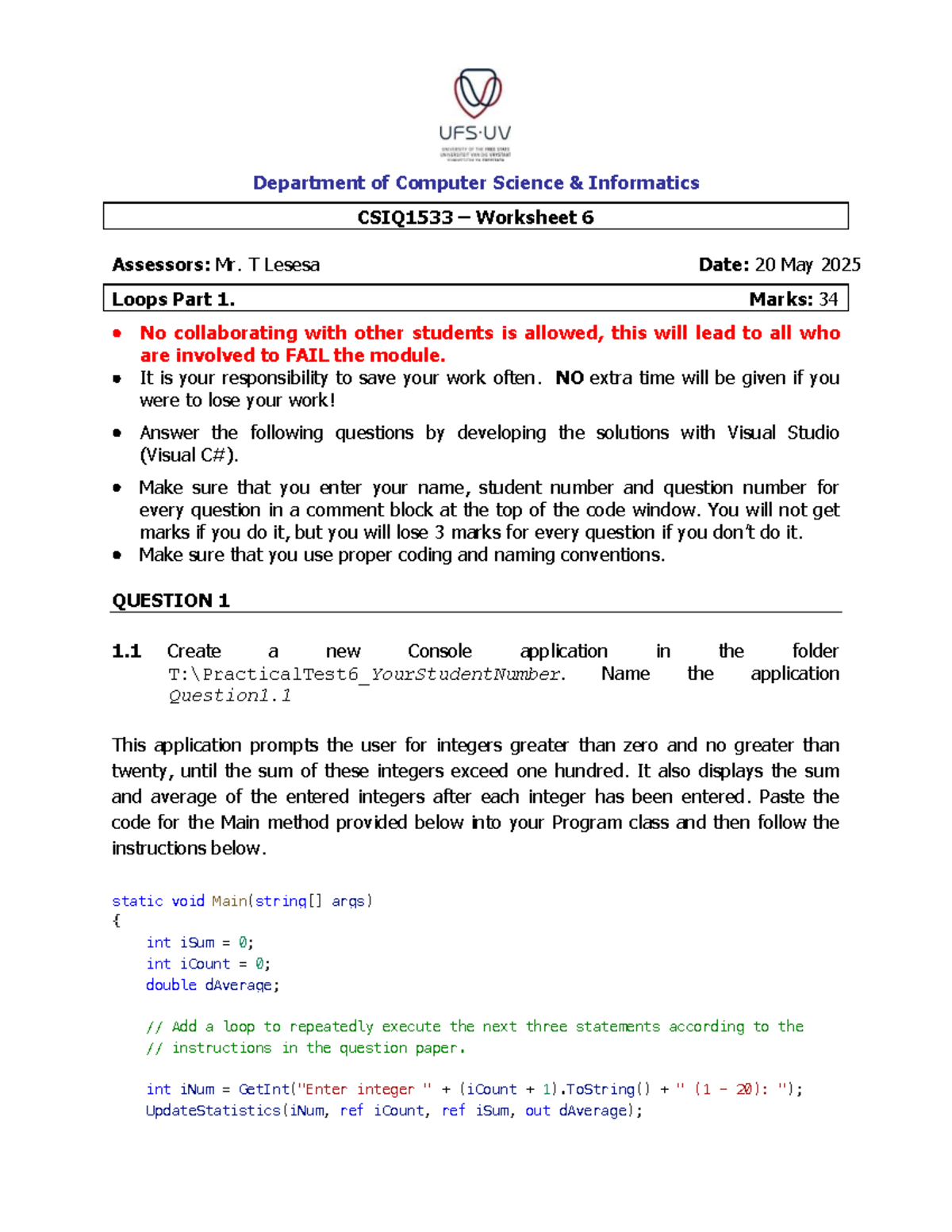 CSIQ1533 Worksheet 6: Loops Part 1 Programming Assignment - Studocu
