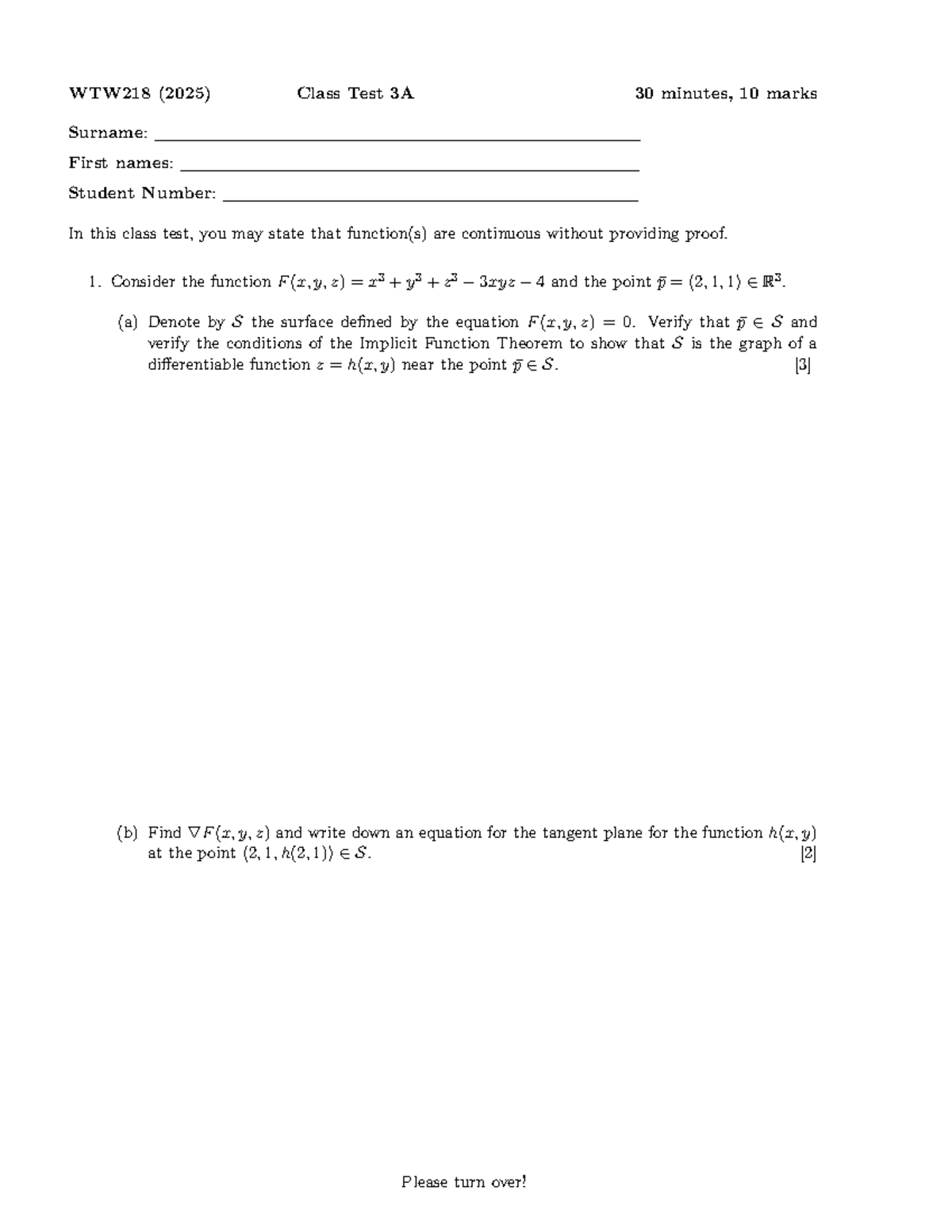 WTW218 (2025) Class Test 3A: Implicit Function Theorem & Tangent Plane ...