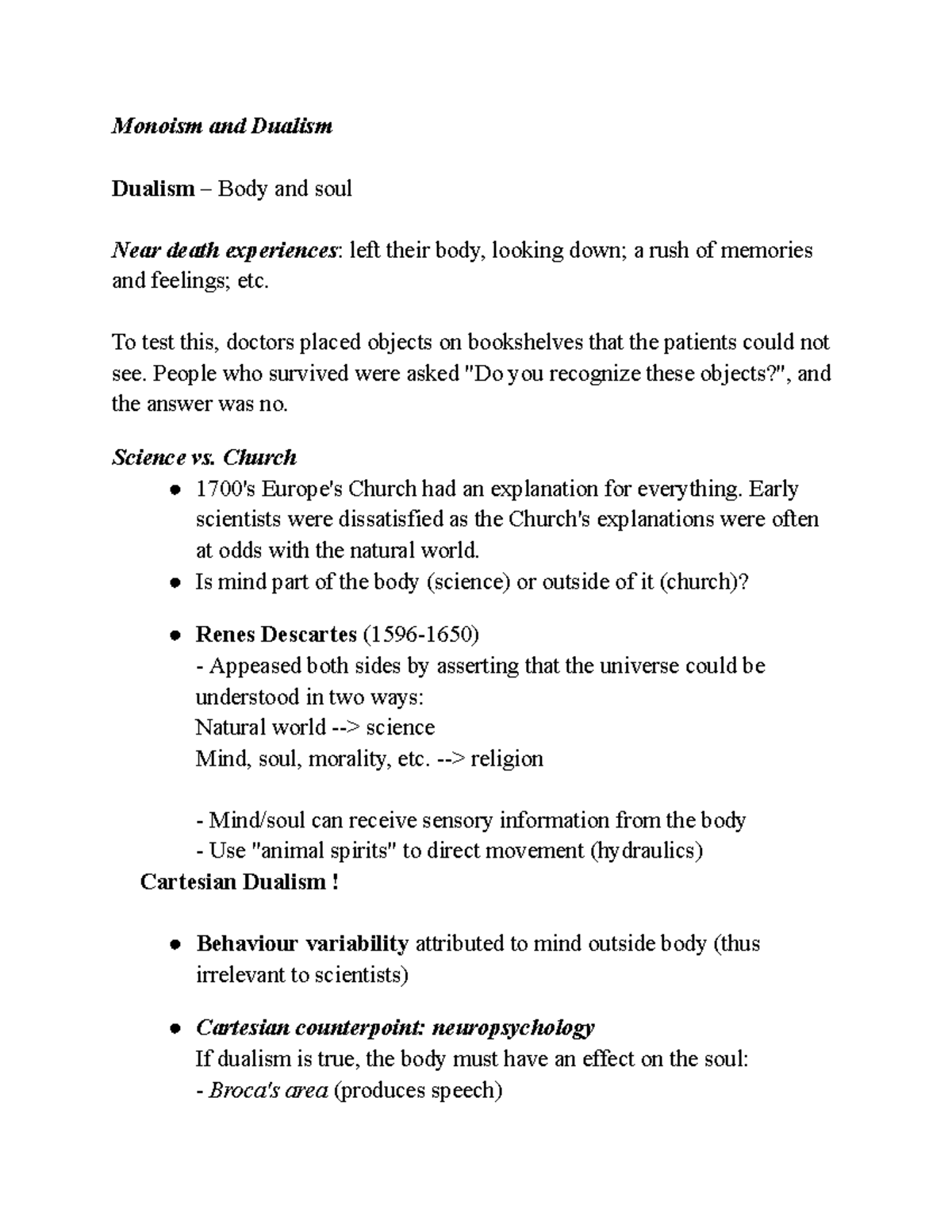 Monism and Dualism: Exploring Mind, Body, and Science (PSY101) - Studocu