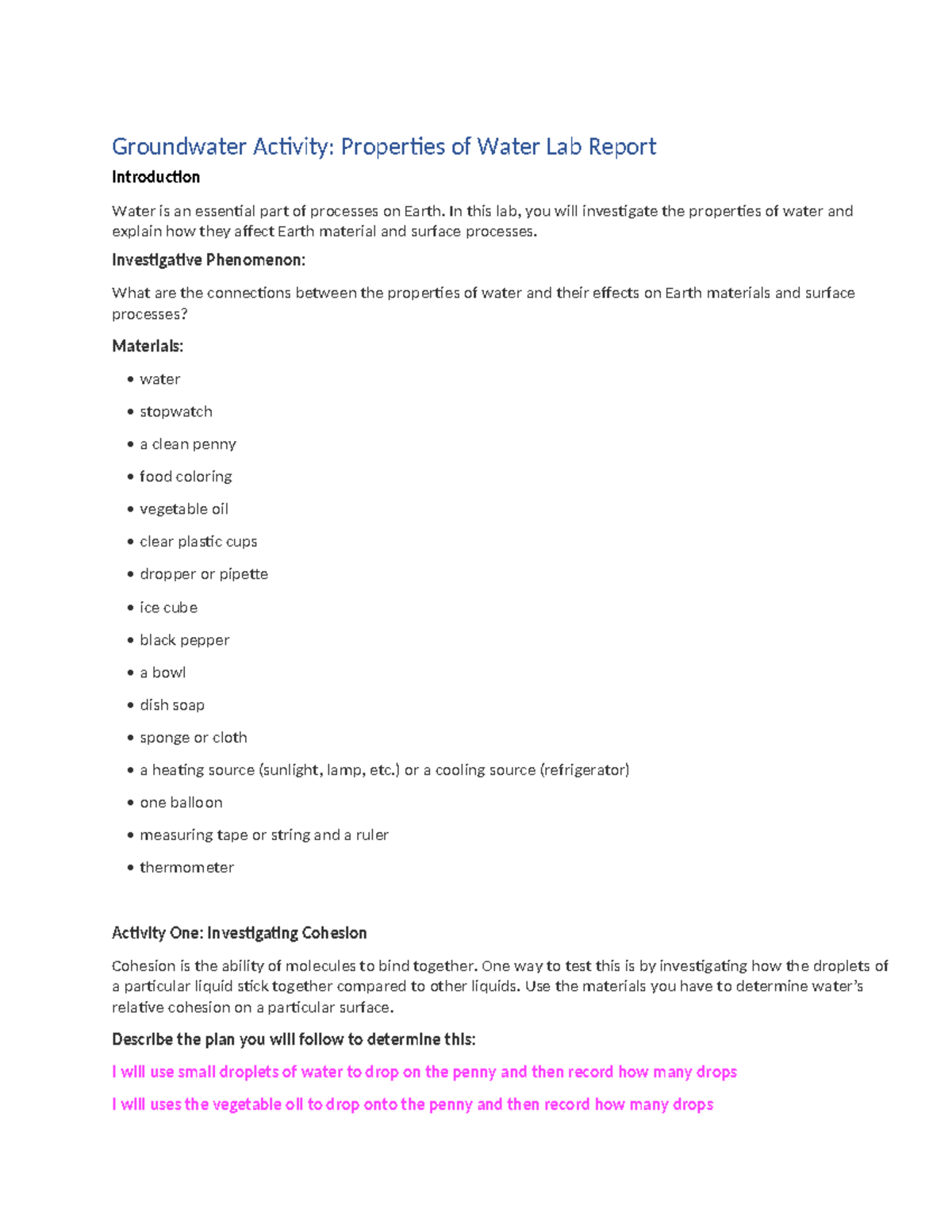 Groundwater Lab Report: Investigating Water Properties and Effects ...