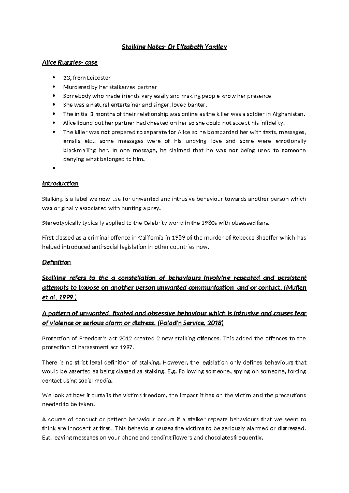 Stalking Notes - Lecture by Dr Elizabeth Yardley (Course Code: 23 ...