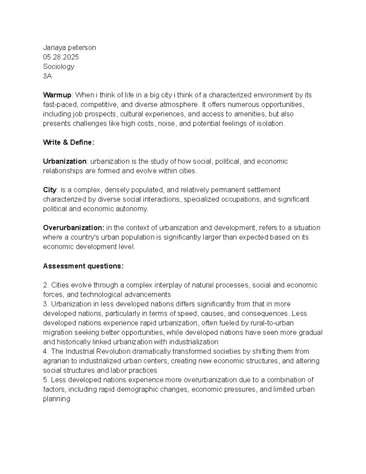 Sociology 3A Classwork: Urbanization and City Dynamics Analysis - Studocu
