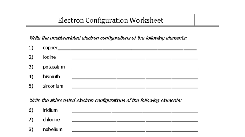 E-Config Practice Worksheet: Electron Configurations & Analysis - Studocu