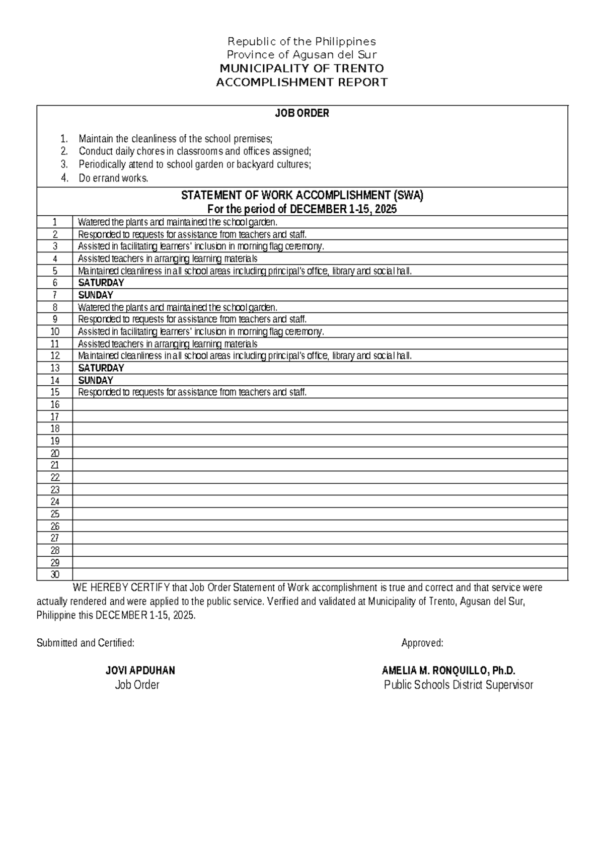 Accomplishment Report: Job Order for December 2025 - Municipality of ...