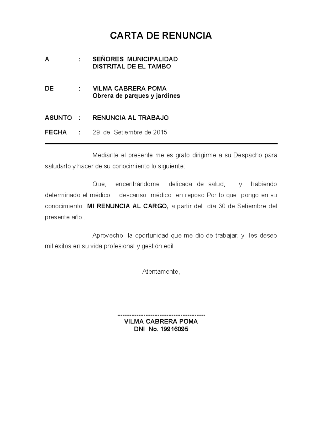Carta de Renuncia de Vilma Cabrera Poma a la Municipalidad Distrital ...