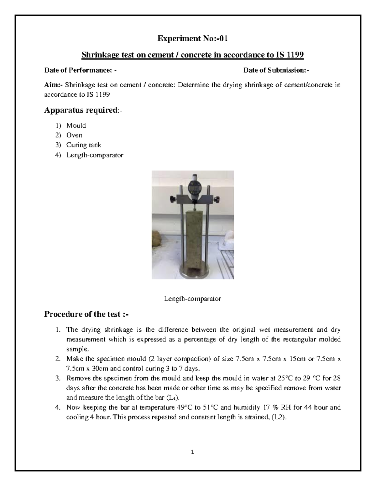 ACT manual - Experiment No:- Shrinkage test on cement / concrete in ...
