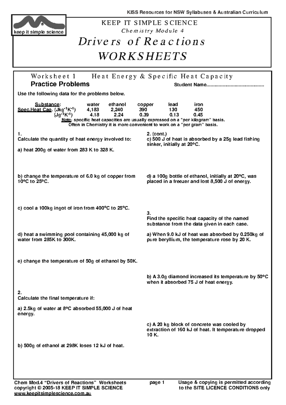 Chem Mod. 4 Worksheets: Heat Energy, Reactions & Thermodynamics - Studocu