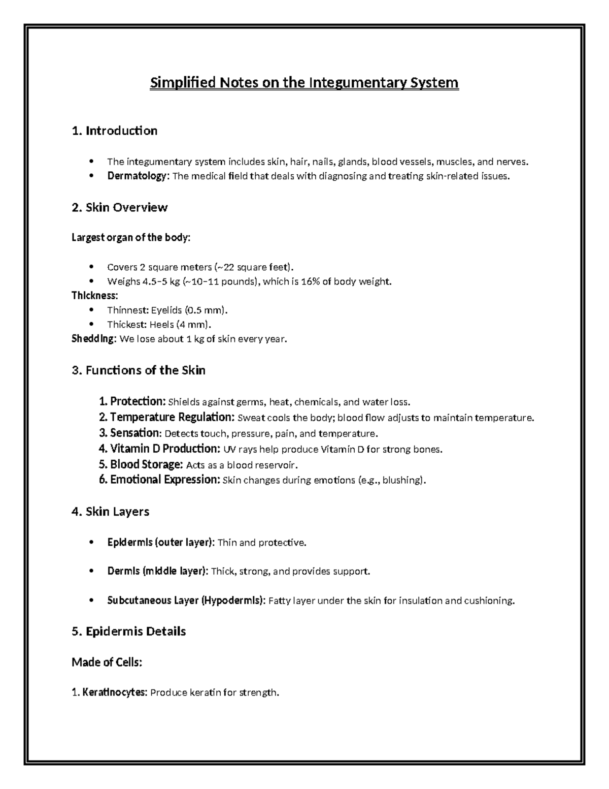 Simplified Notes on the Integumentary System - Introduction The ...