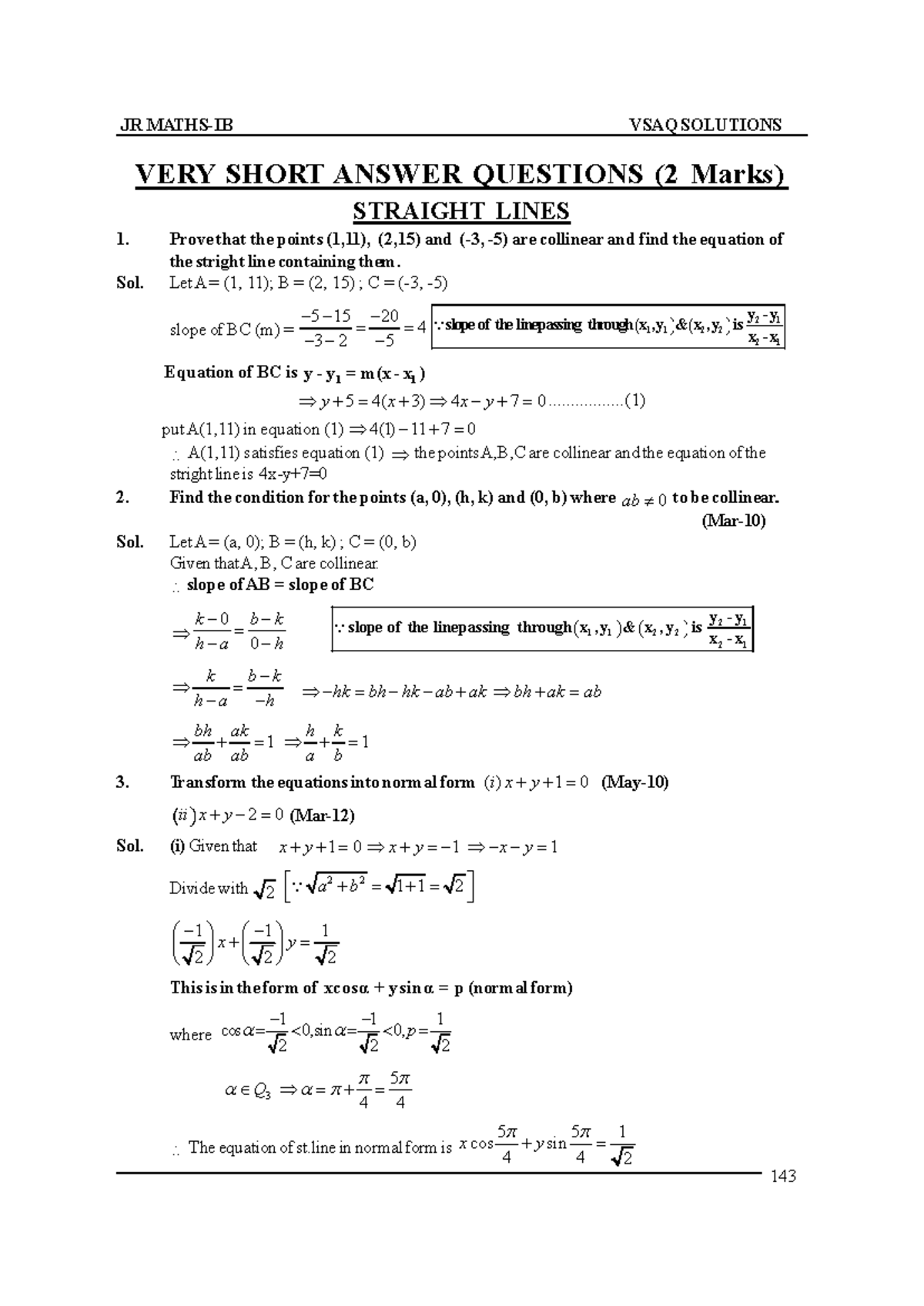 Maths 1B VSAQ Solutions: Very Short Answer Questions on Straight Lines ...