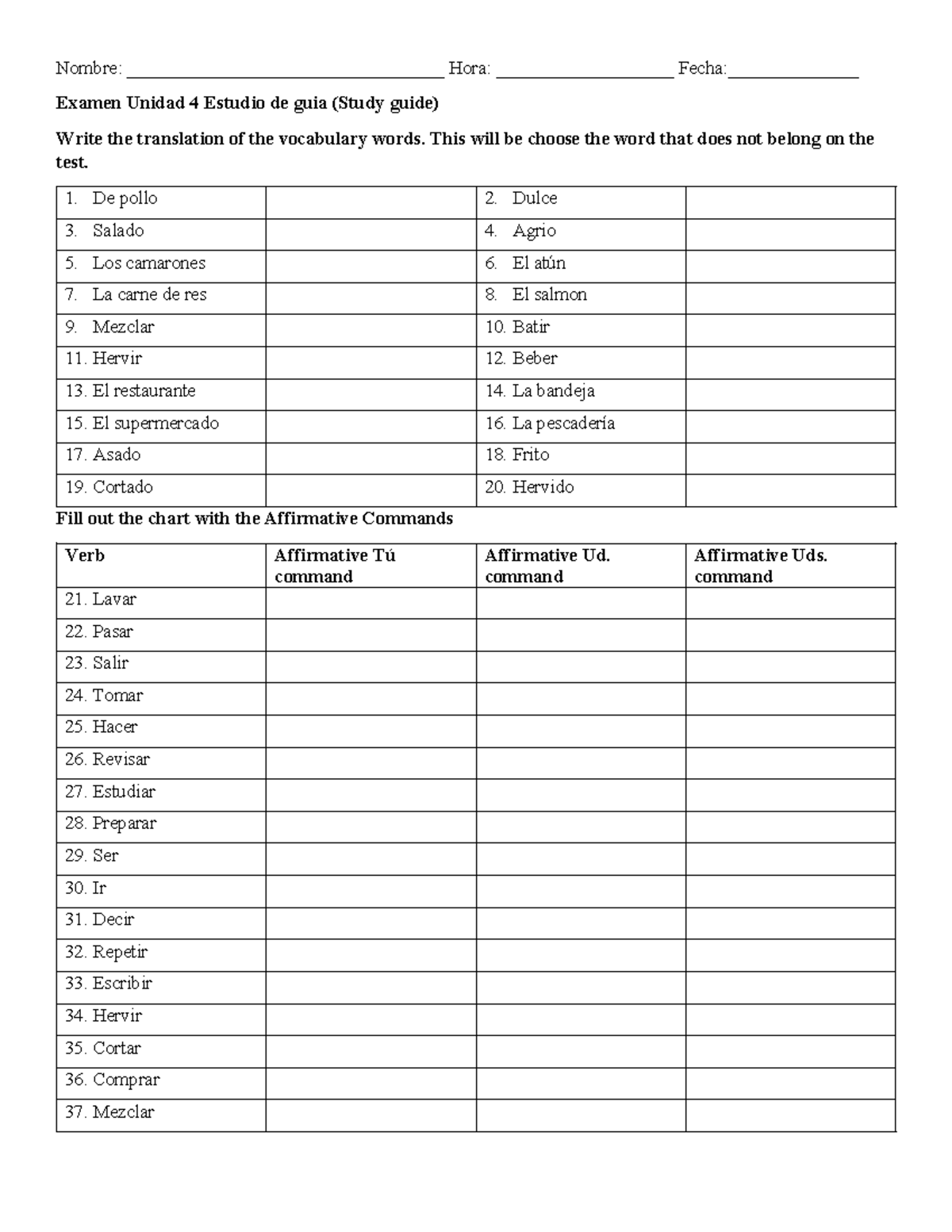 Study guide for Unit 2 - n/a - Nombre ...