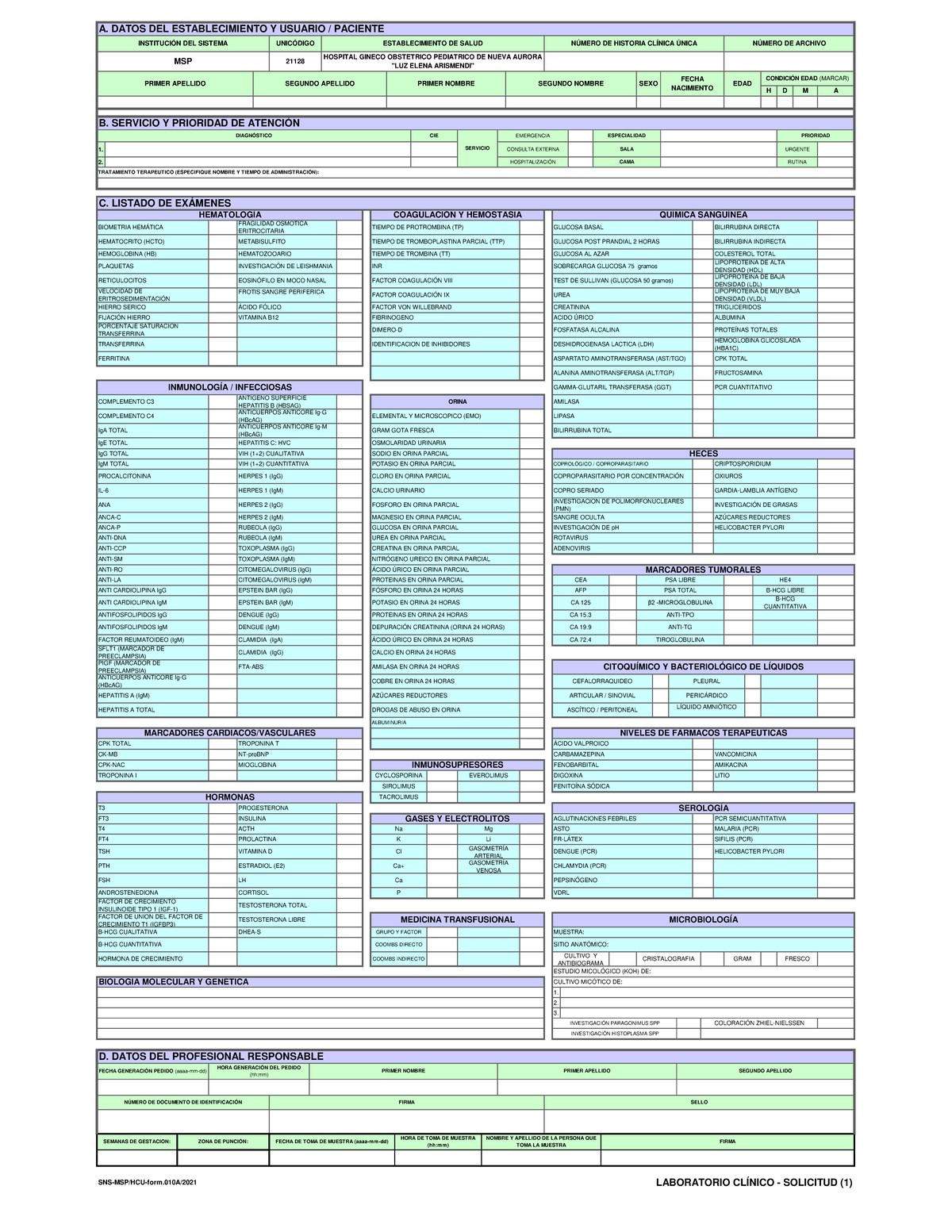 Formulario de Laboratorio Solicitud 10A - Análisis Clínicos - Studocu