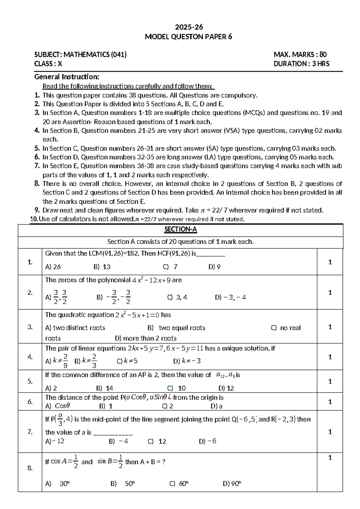 Model Question Paper 6 - Mathematics (041) Class X - Max Marks 80 - Studocu