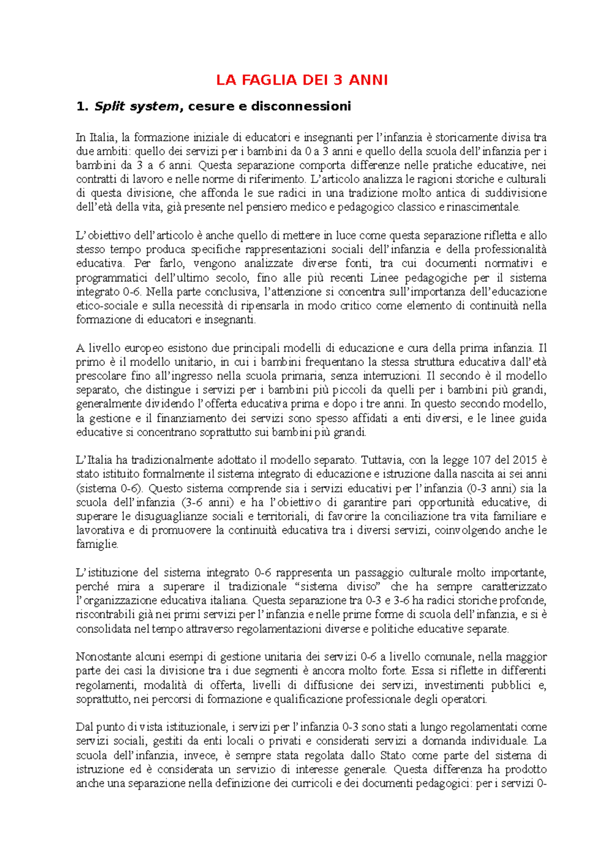 Riassunto: La Faglia dei 3 Anni - Analisi del Sistema Educativo in ...