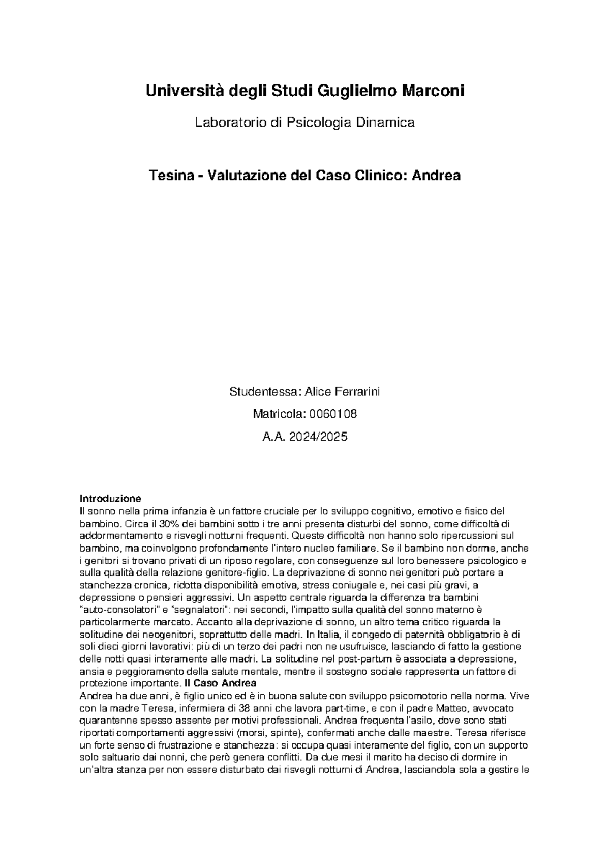 Tesina di Psicologia Dinamica: Caso Clinico Andrea - Alice Ferrarini ...