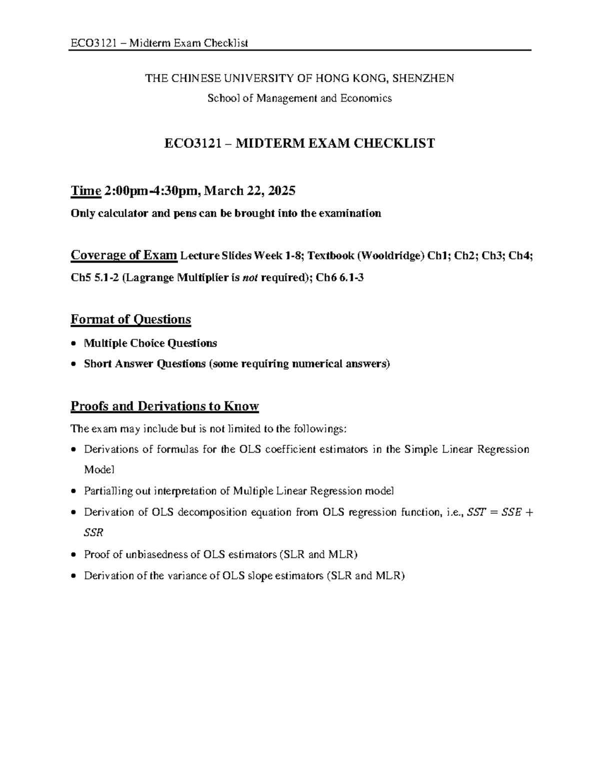 ECO3121 Midterm Exam Checklist: Key Topics & Guidelines - Studocu