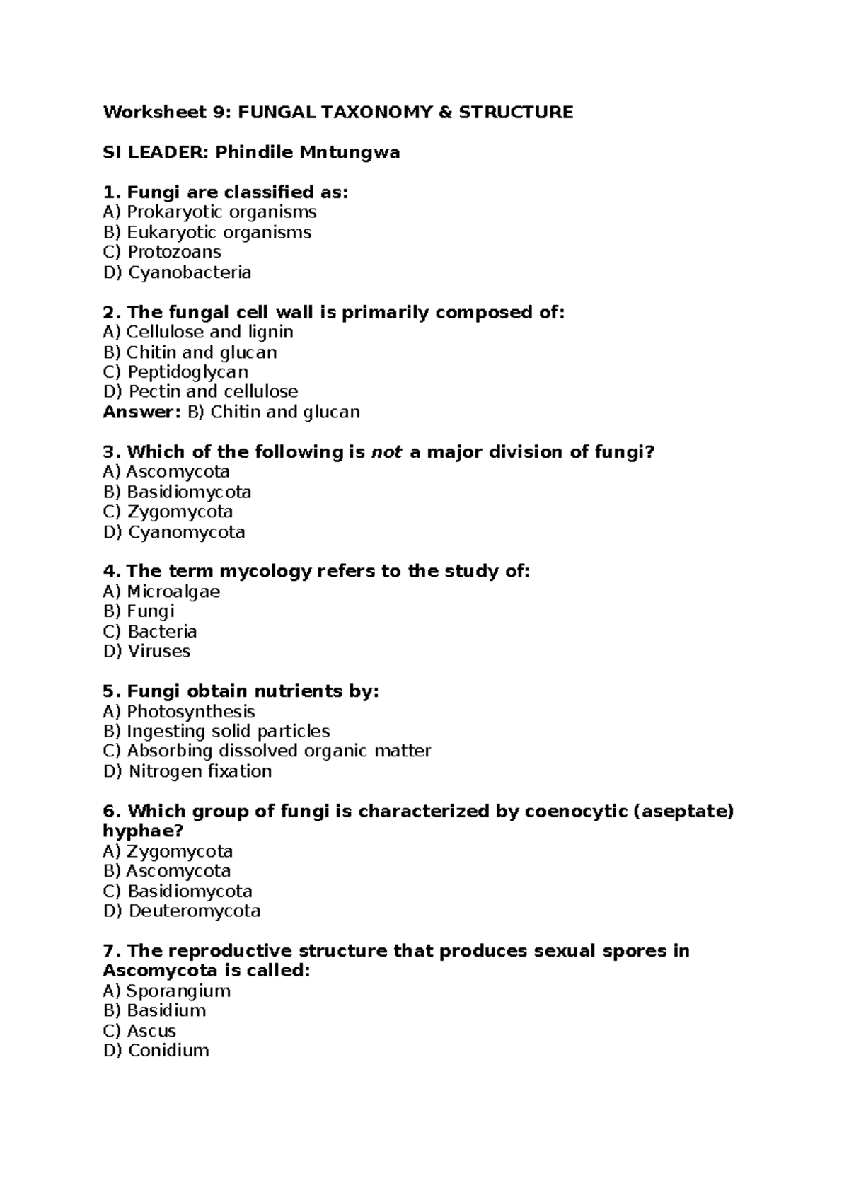 Worksheet 9: Fungal Taxonomy Quiz and Study Guide - Studocu