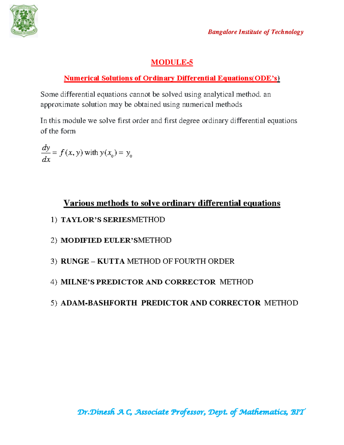 Numerical Methods II: ODE Solutions & Techniques (Module-5) - Studocu