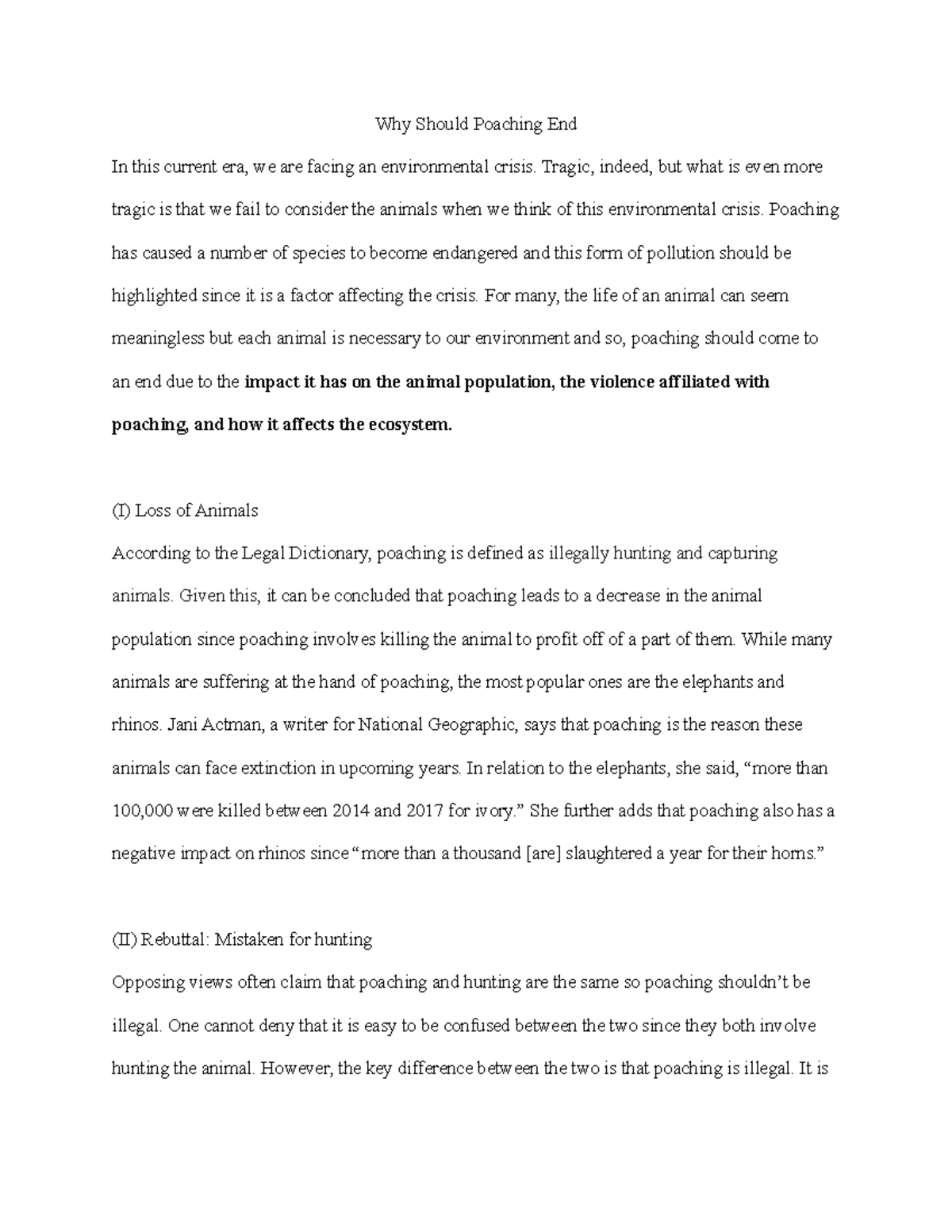 Persuasive Speech Poaching - Why Should Poaching End In this current ...