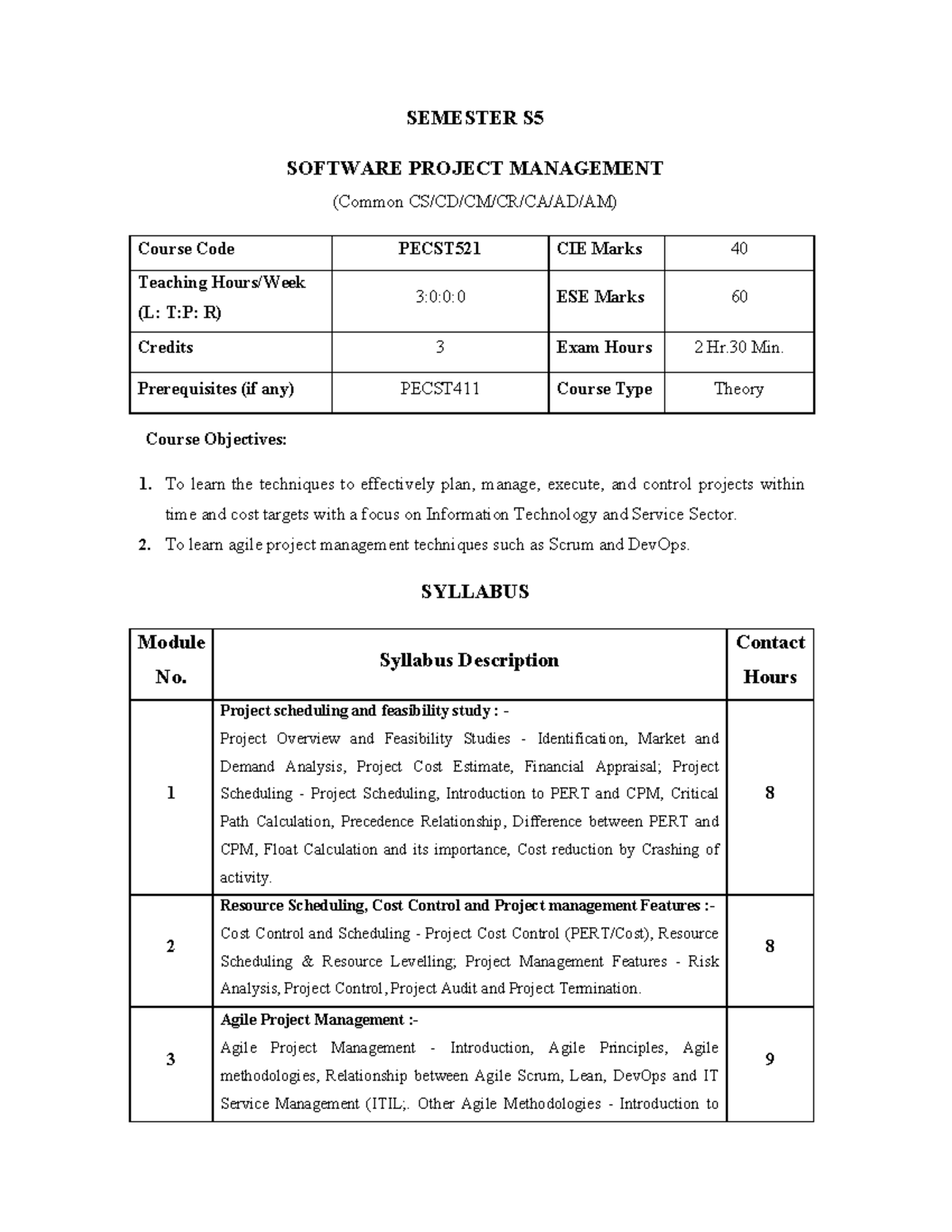 S5 PECST521 Software Project Management Syllabus & Exam Details - Studocu