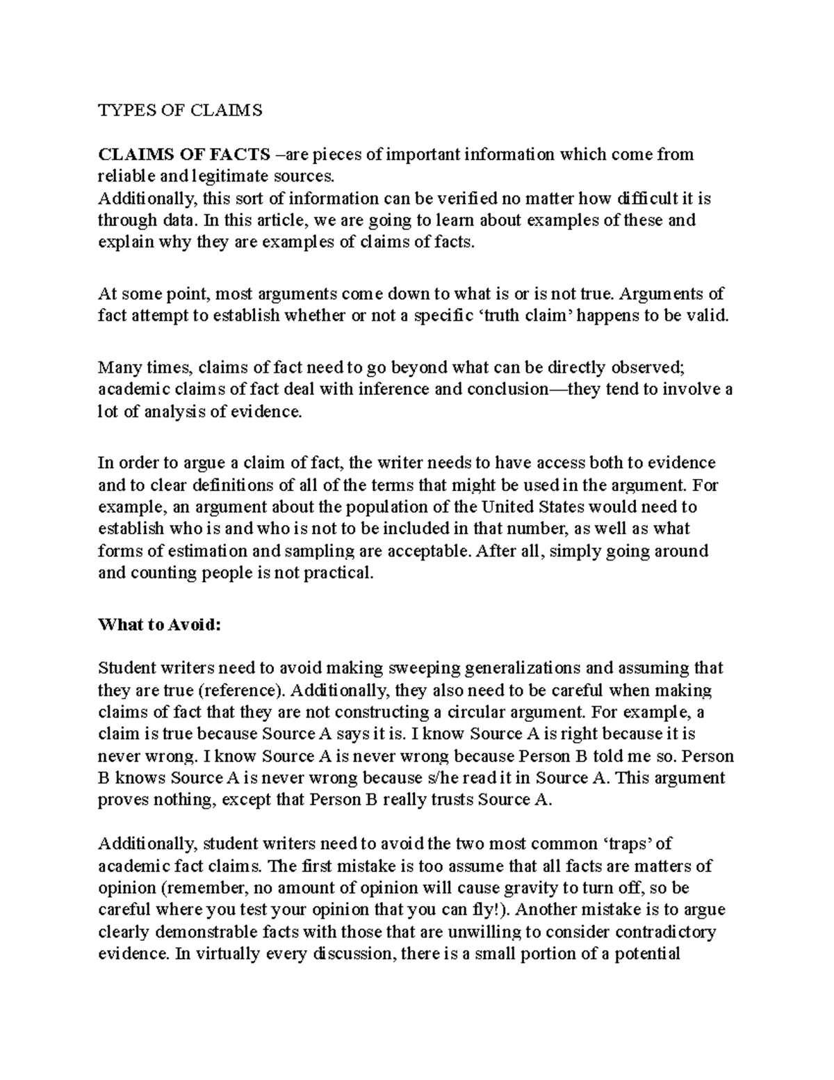 Types-of-claim-S - A text lecture about claims - TYPES OF CLAIMS CLAIMS ...