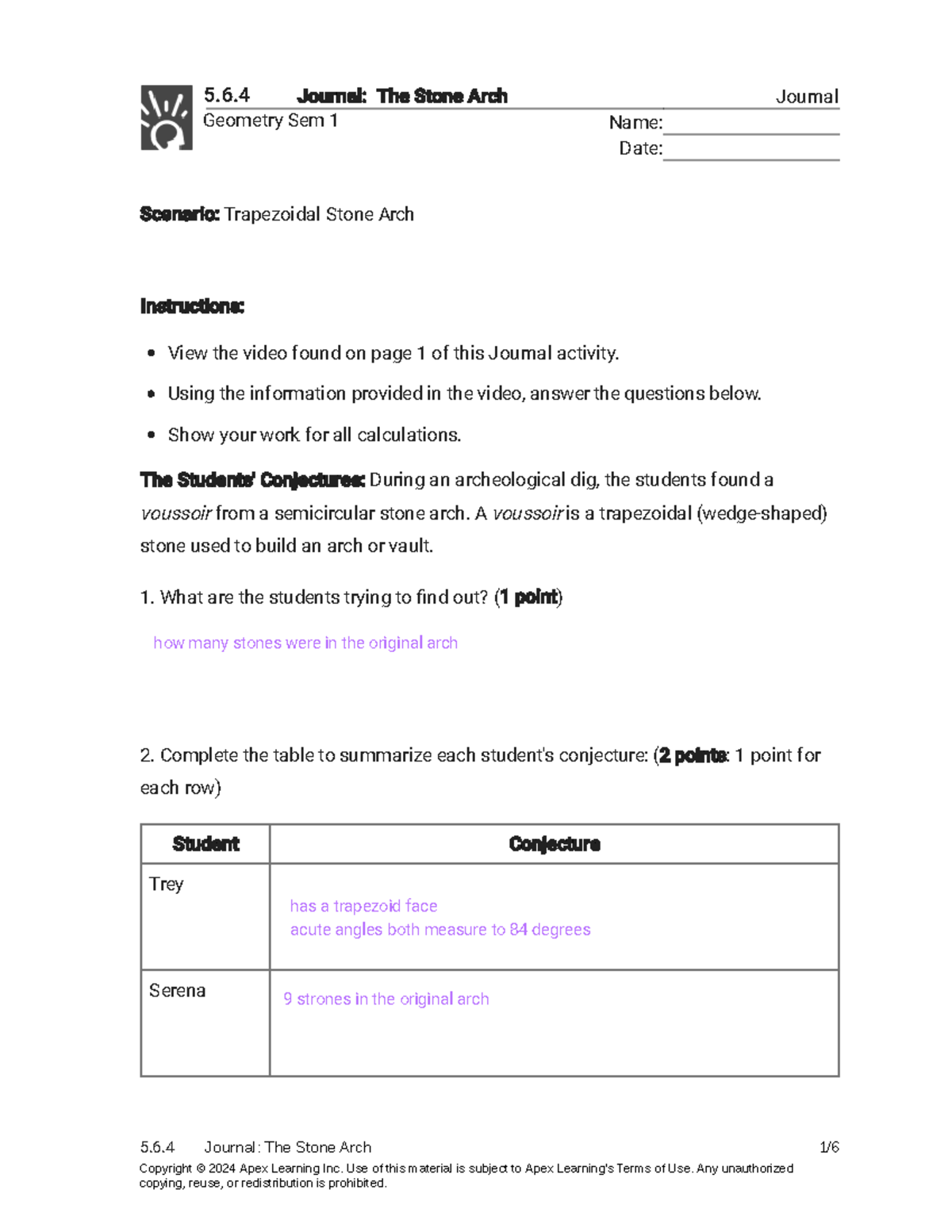 Geometry Sem 1 Journal: Analyzing the Trapezoidal Stone Arch - Studocu