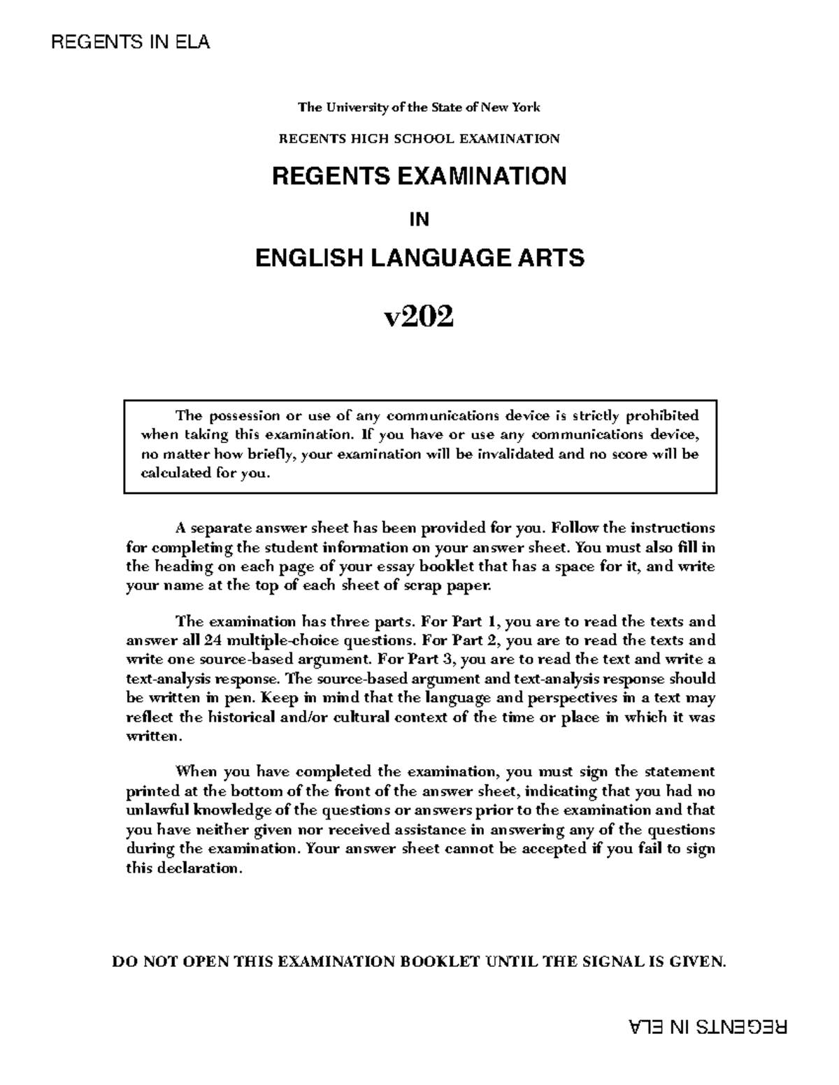Regents Exam in ELA: Comprehensive Guide to the Examination - Studocu