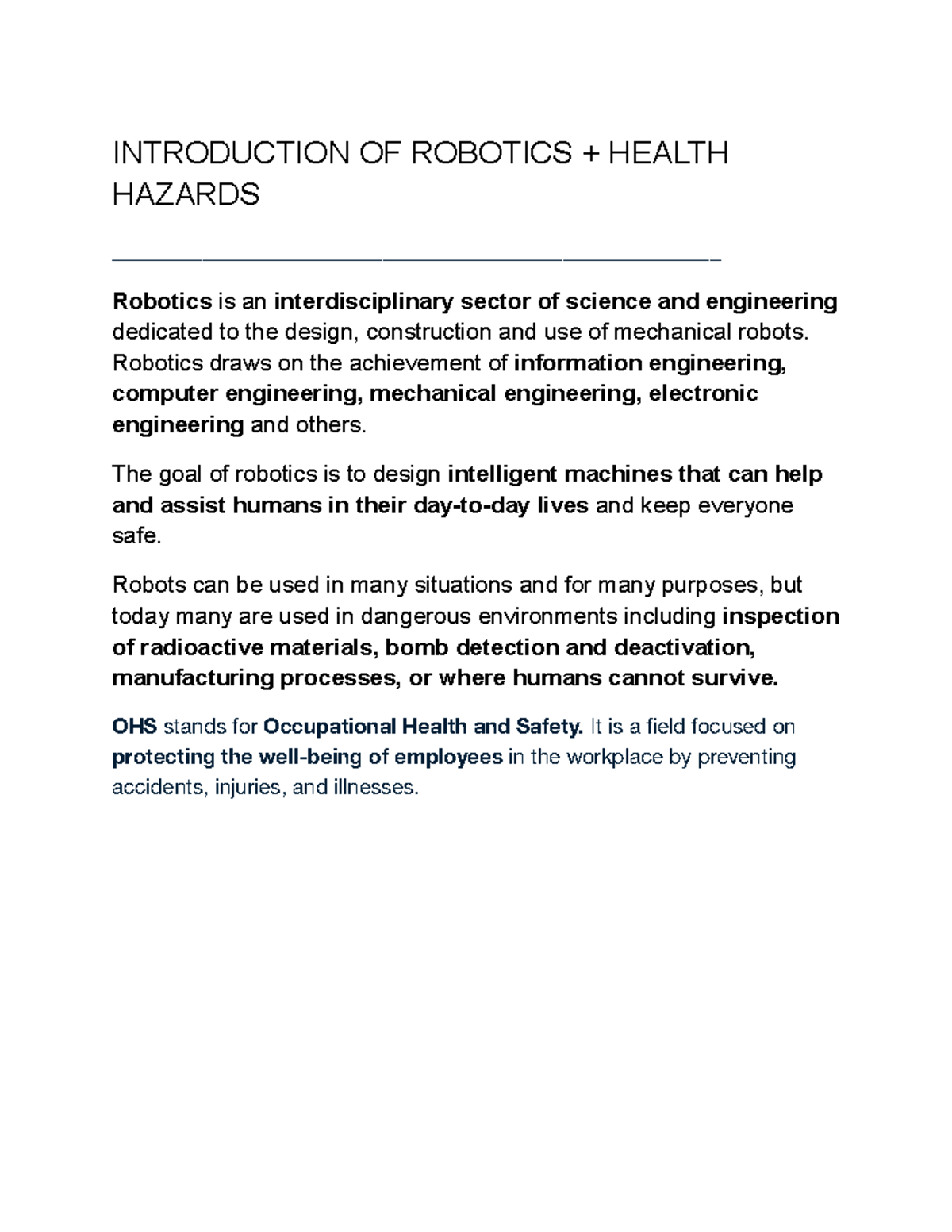 Robotics Health Hazards: OHS Guidelines and Safety Practices for CT - Studocu