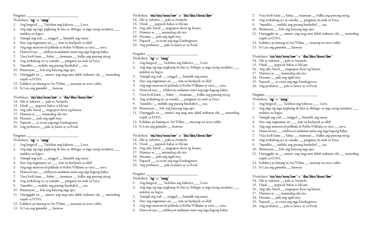 Balarila Worksheet: “ng” at “nang” at “rin/rito/roon/raw” - Studocu