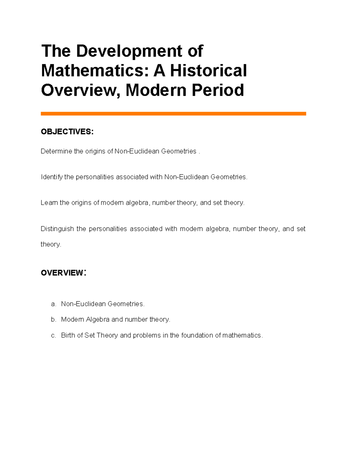 History of Mathematics: Geometries, Algebra, and Set Theory (MATH 101 ...