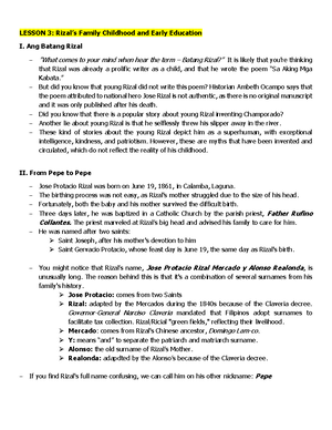 Lesson 4 PART 1 Handout - Rizal life and works - LESSON 4: RIZAL’S ...