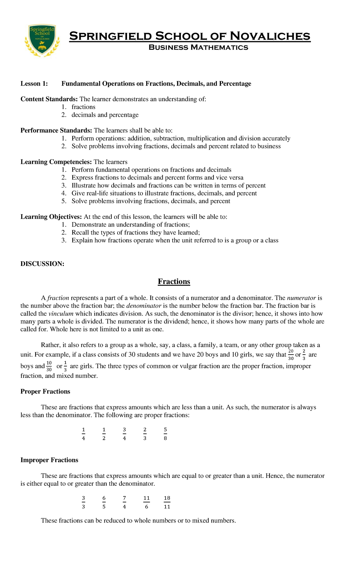 Business-MATH Lesson 1: Operations on Fractions, Decimals & Percent ...