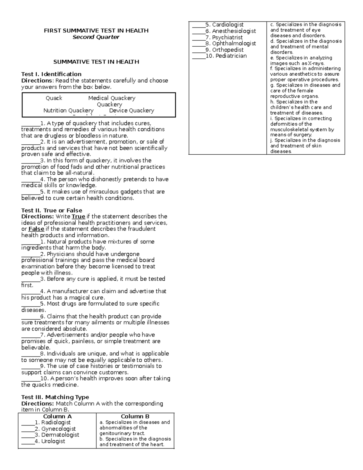 Check-up Test in Health - FIRST SUMMATIVE TEST IN HEALTH Second Quarter ...