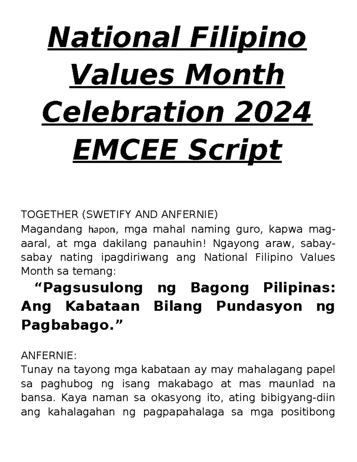 National Filipino Values Month Celebration 2024: EMCEE Script - Studocu