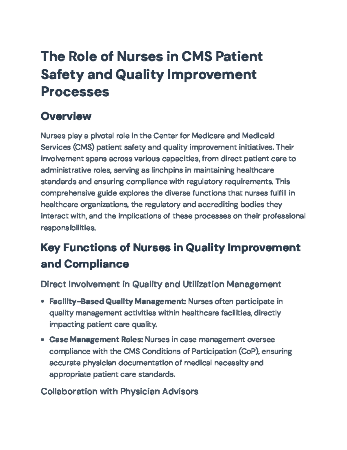 Roles of Nurses in CMS Patient Safety & Quality Improvement Processes - The Role of Nurses in ...